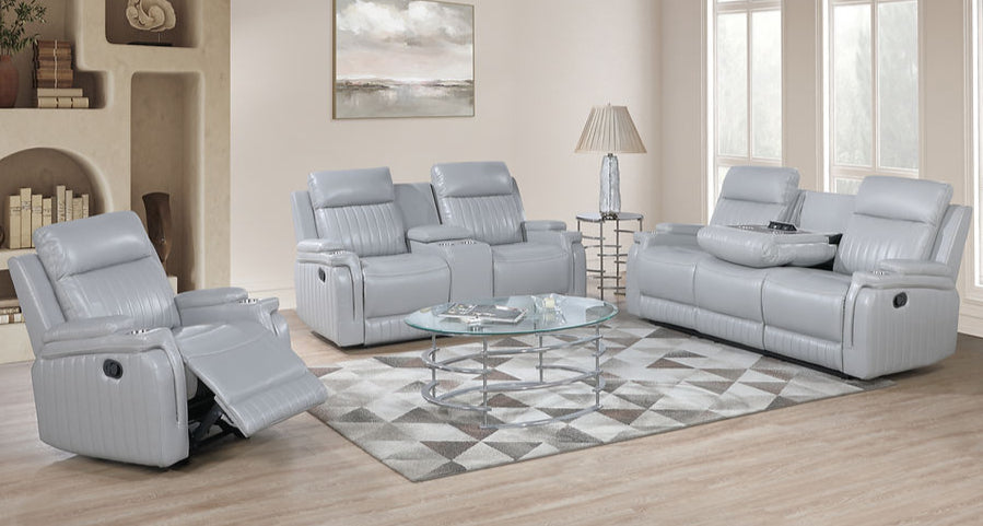 3pcs S2121 Ethan Light Grey Leather Reclining Sofa Set